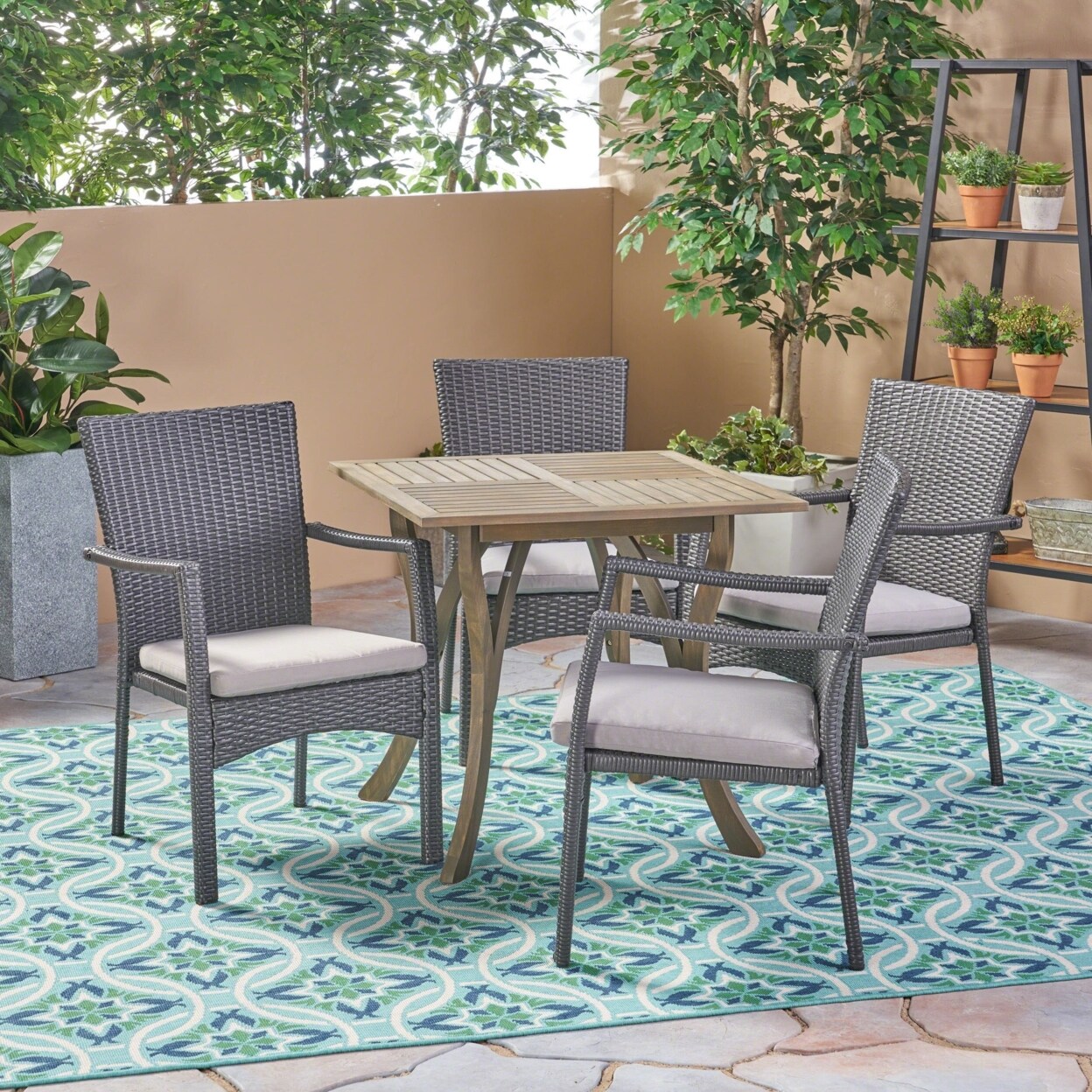GDFStudio Alva Outdoor 5 Piece Wood and Wicker Square Dining Set | Michaels