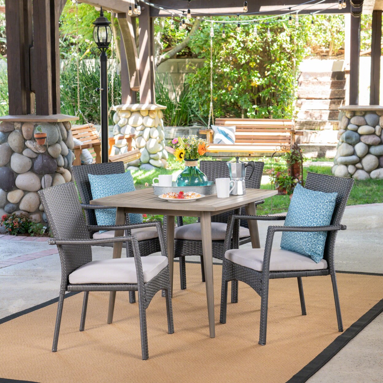 GDFStudio Leah Outdoor 5 Piece Wood and Wicker Dining Set | Michaels