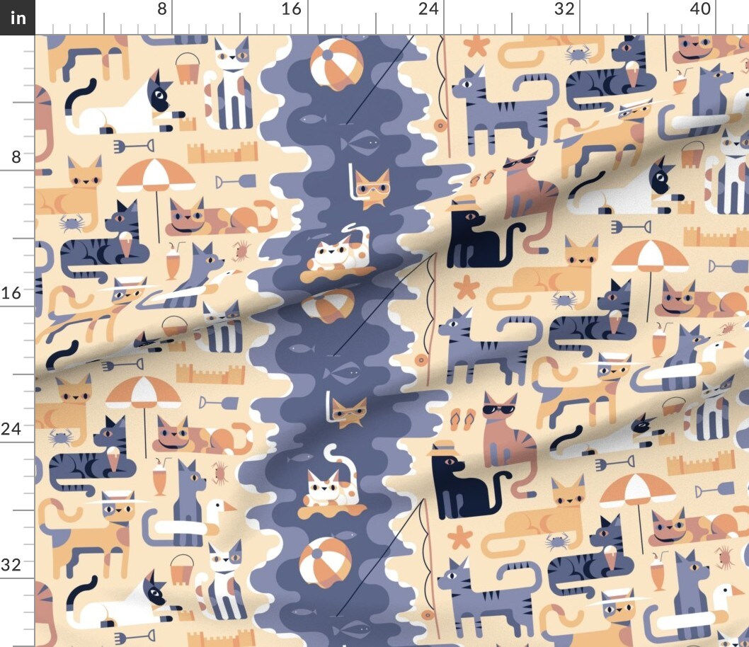 Various Fabrics by the Yard or Fat Quarter Beach Whimsical Cats Coastal ...
