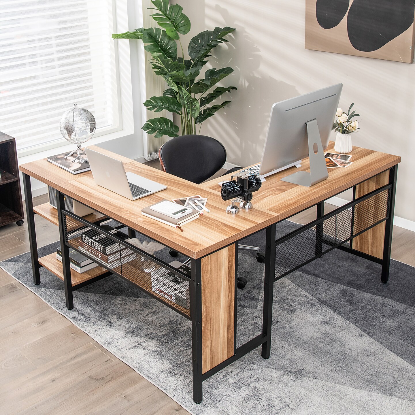 Costway Industrial L-Shaped Corner Computer Desk Office Workstation w ...