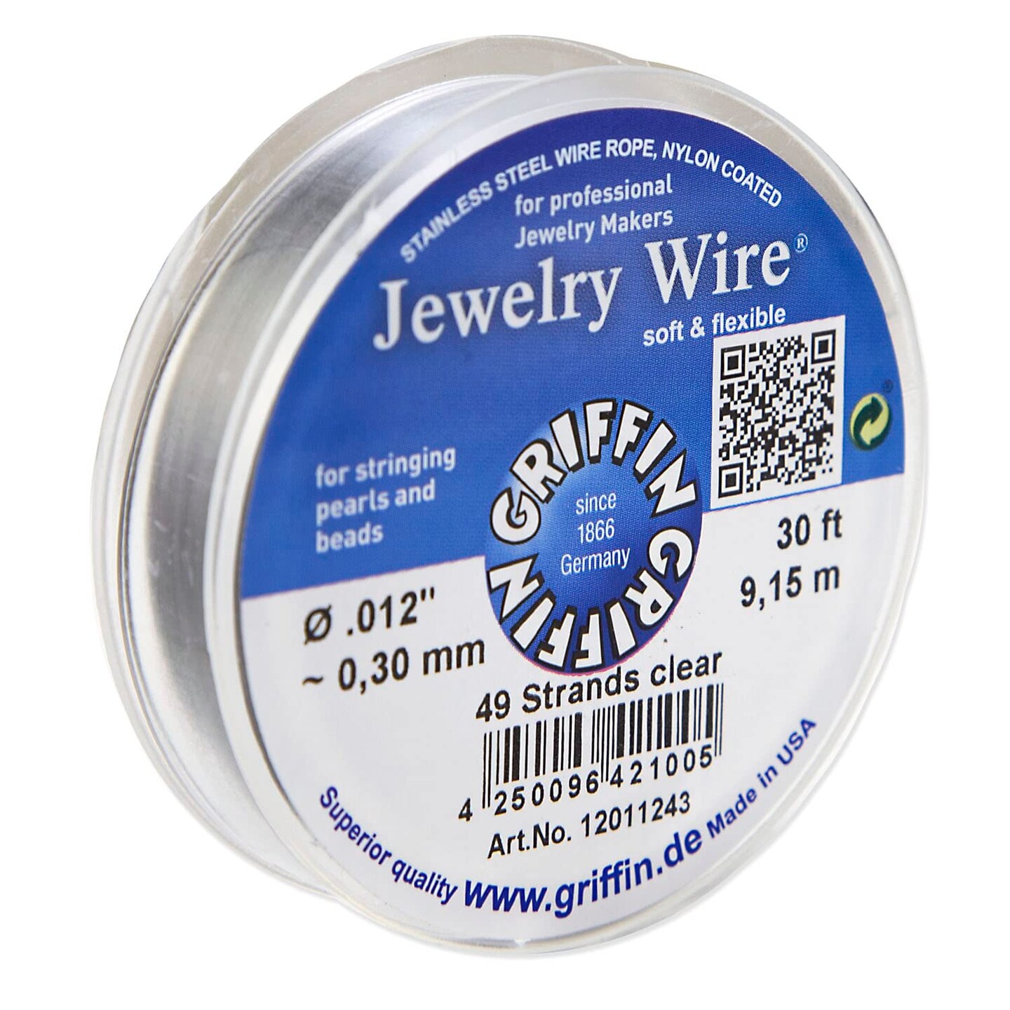 Griffin Jewelry Wire .012" Clear 49 Strand (30ft) Stainless Steel Wire ...