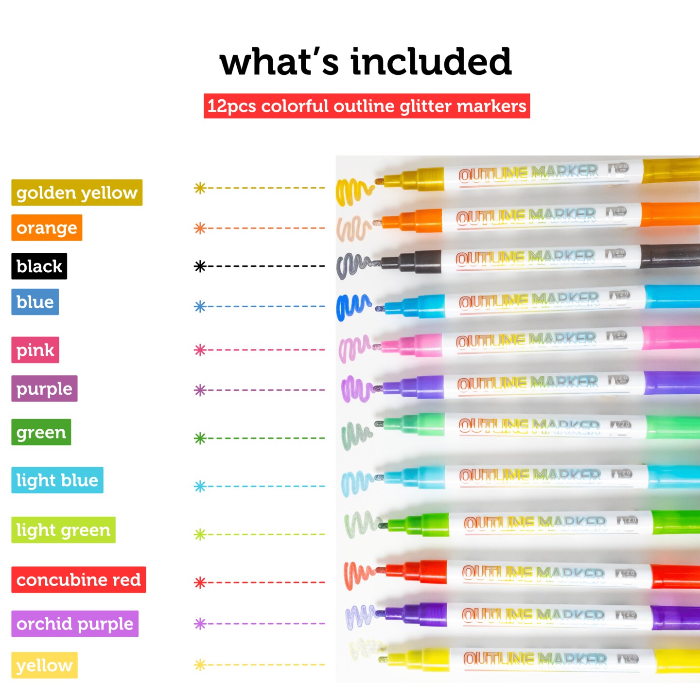 Incraftables Outline Glitter Markers (12 Colors). Shimmer Double Line ...