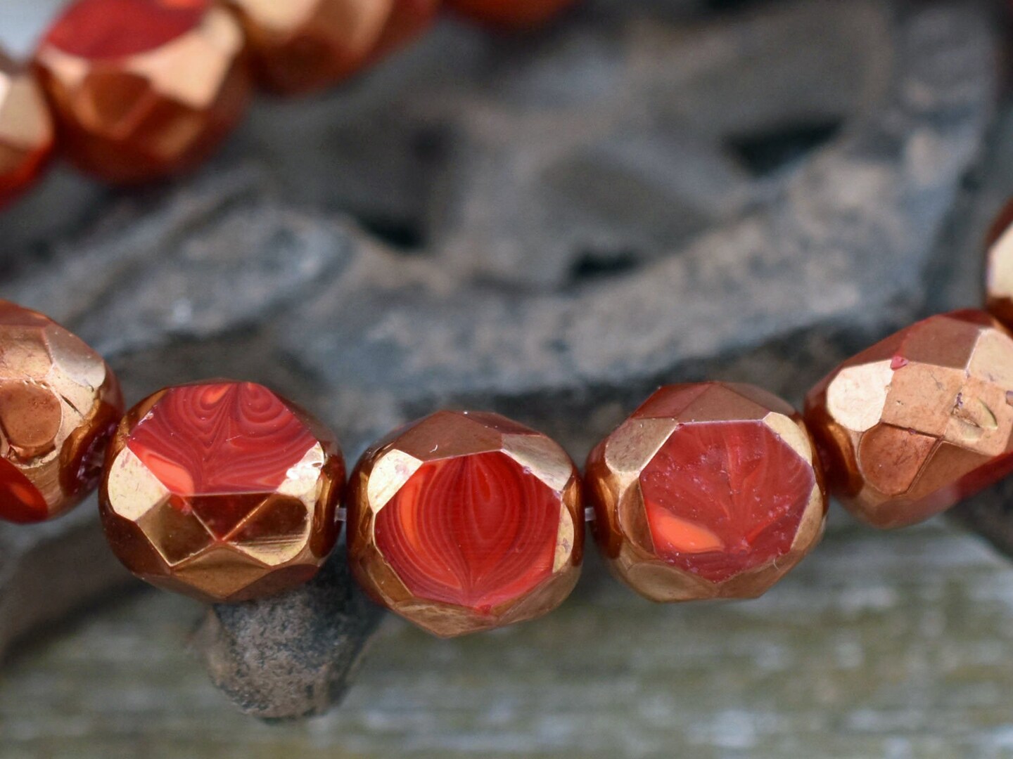 *15* 8mm Bronze Washed Lady Bug Red 2 Cut Fire Polished Faceted Round ...