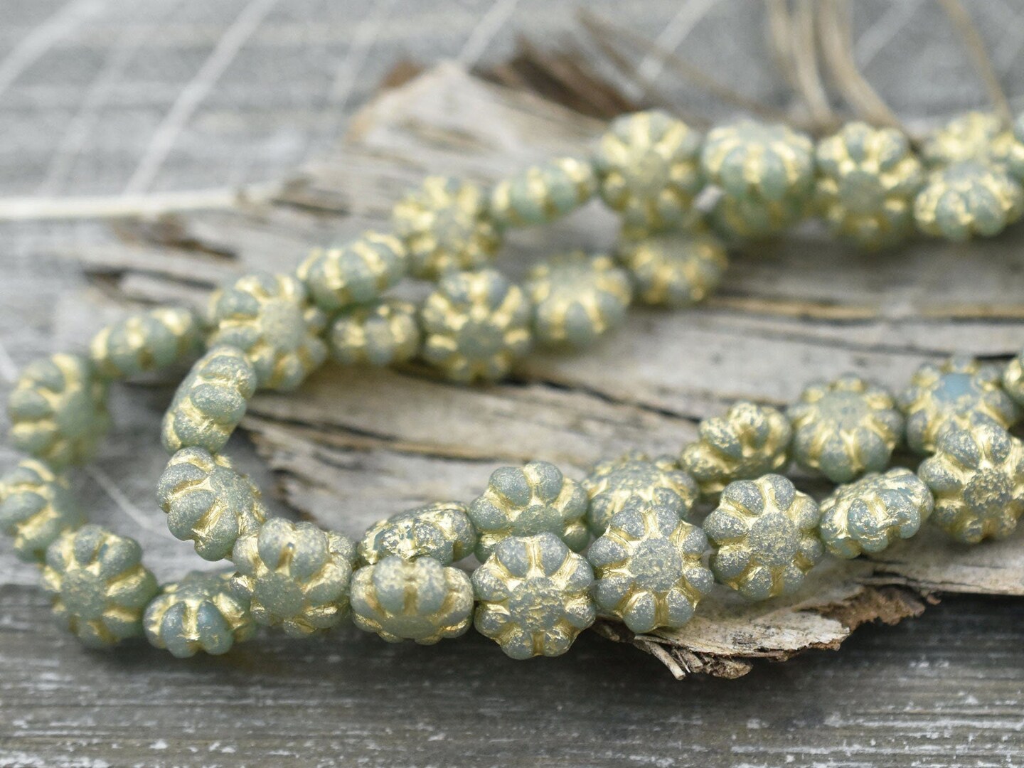 *15* 9mm Gold Washed Etched Sea Green Cactus Flower Beads | Michaels