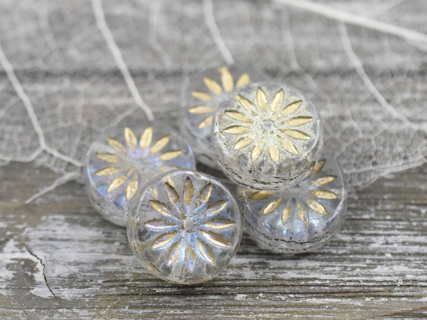 12mm Gold Washed Crystal AB Aster Flower Coin Beads, Count: 6 Beads ...