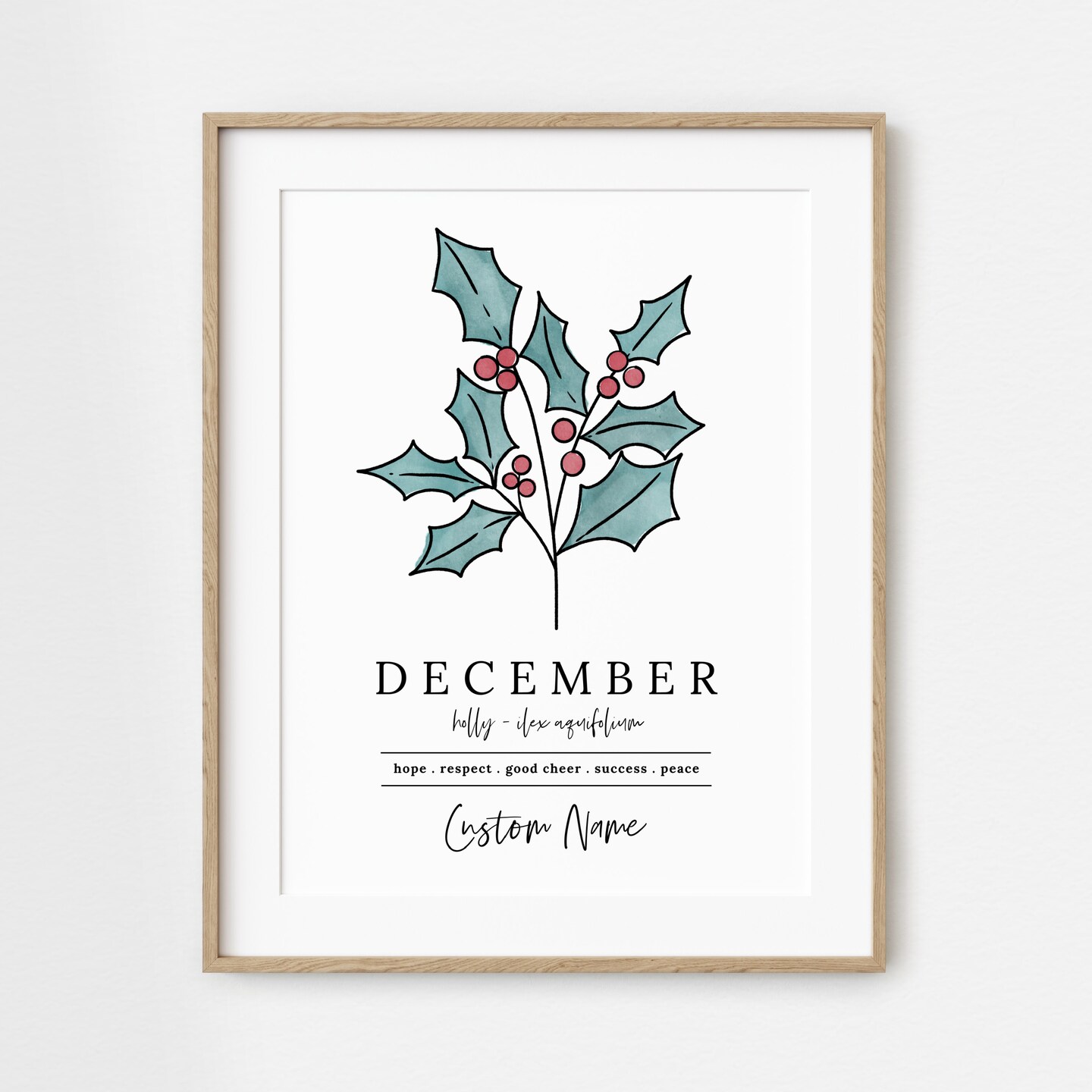 Personalized December Holly Birth Flower Unframed Art Print | Custom ...