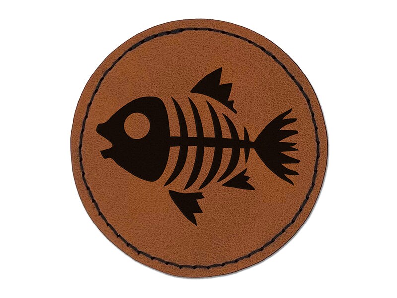 Fish Skeleton Bones Round Iron-On Engraved Faux Leather Patch Applique ...