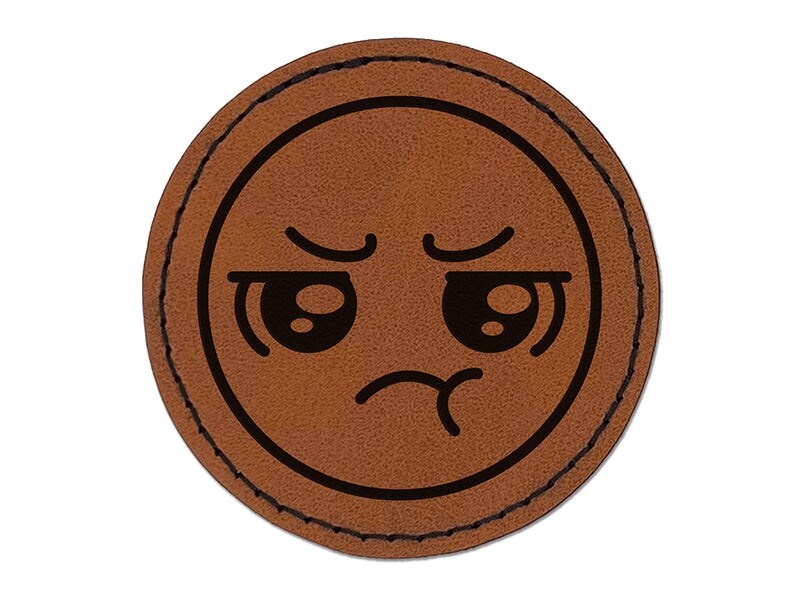 Kawaii Cute Pout Pouting Face Round Iron-On Engraved Faux Leather Patch ...