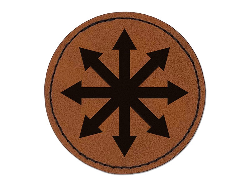 Chaos Symbol Arrows Pointing Out Round Iron-On Engraved Faux Leather ...