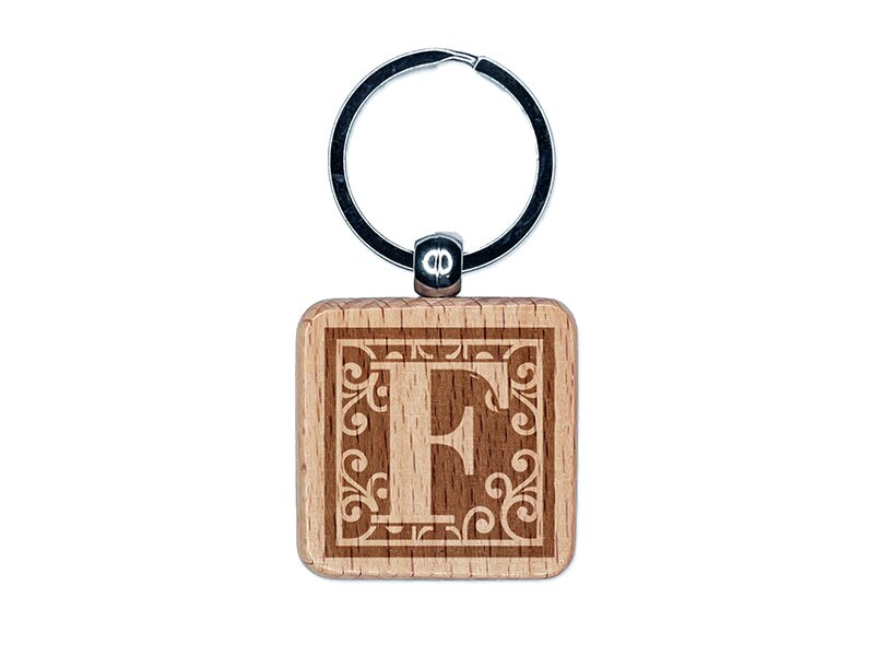 Monogram Swirls Capital Letter F Engraved Wood Square Keychain Tag ...