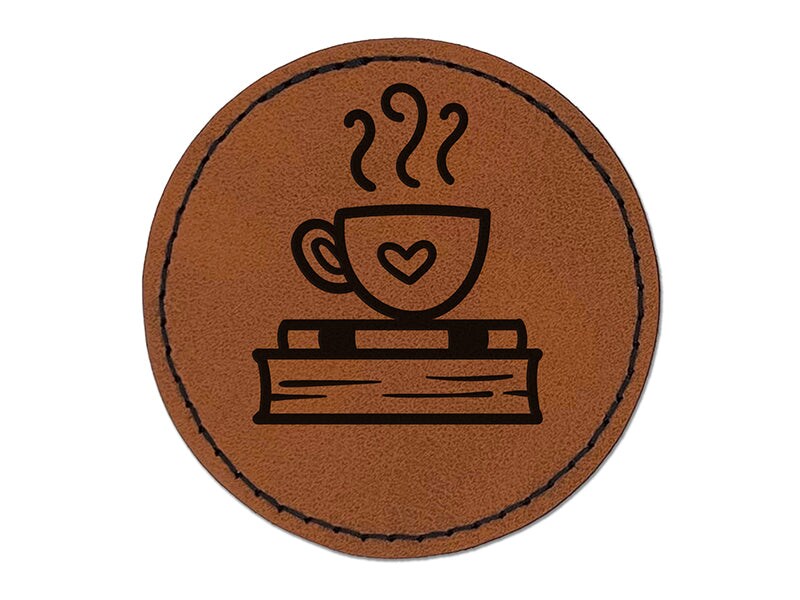 Coffee Sitting on Stack of Books Reading Round Iron-On Engraved Faux ...