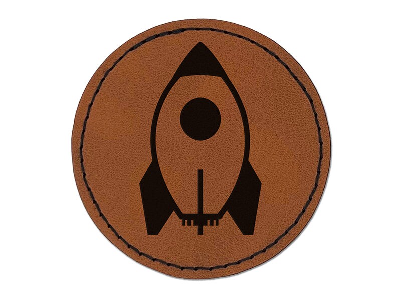 Rocket Space Ship Round Iron-On Engraved Faux Leather Patch Applique ...