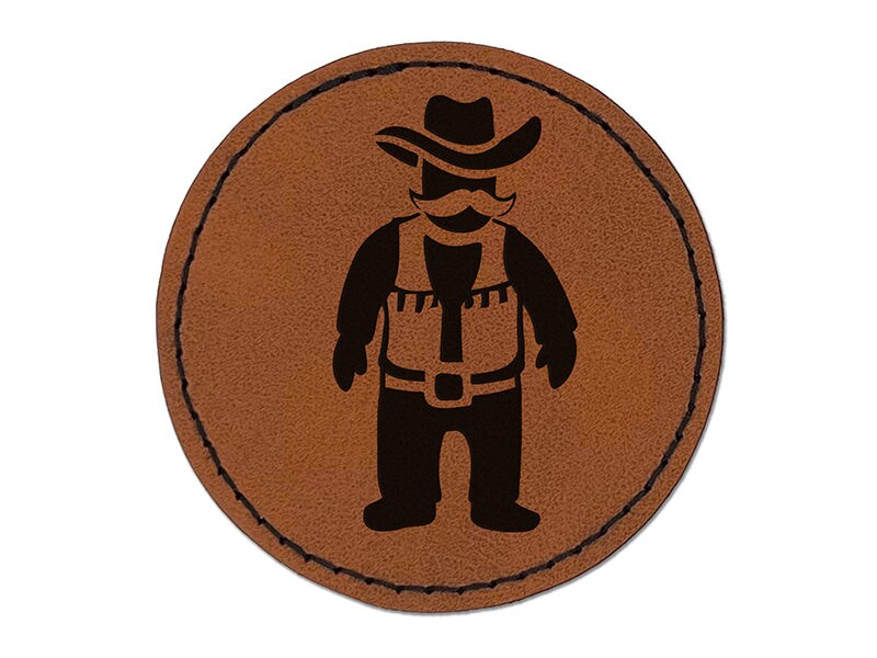 Cowboy Rancher with Mustache Hat and Vest Round Iron-On Engraved Faux ...