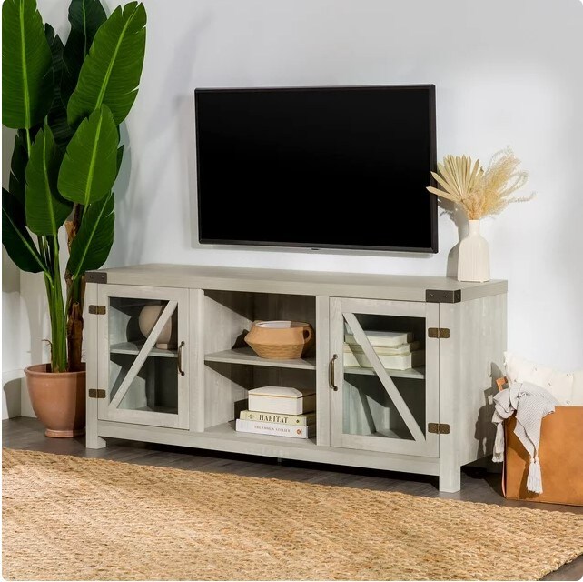 Stone Grey Modern Farmhouse Glass Door TV Stand for TVs up to 65 ...