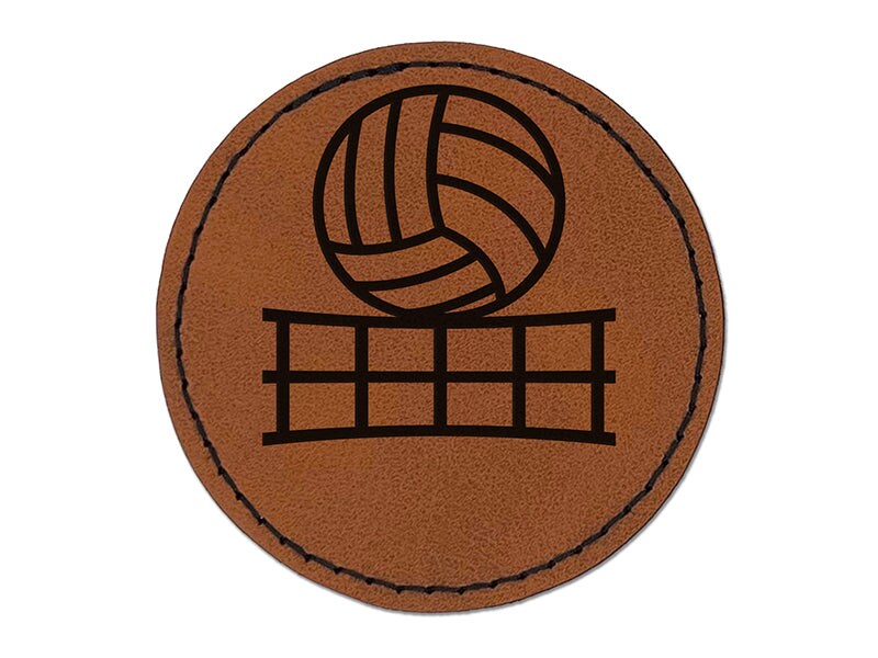 Volleyball and Net Round Iron-On Engraved Faux Leather Patch Applique ...