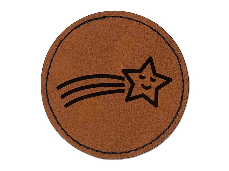 Smiling Shooting Star Round Iron-On Engraved Faux Leather Patch ...