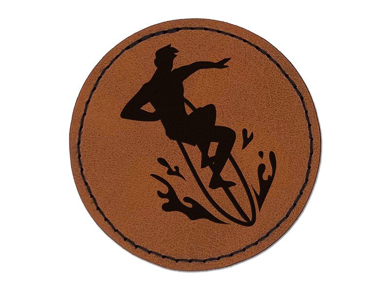 Surfer Surfing Man Silhouette Round Iron-On Engraved Faux Leather Patch ...