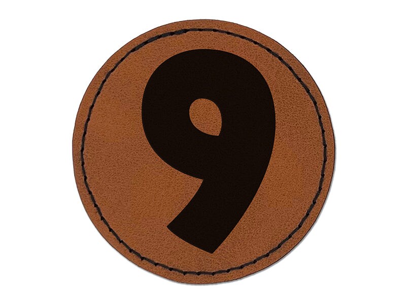 Number 9 Nine Fun Bold Font Round Iron-On Engraved Faux Leather Patch ...