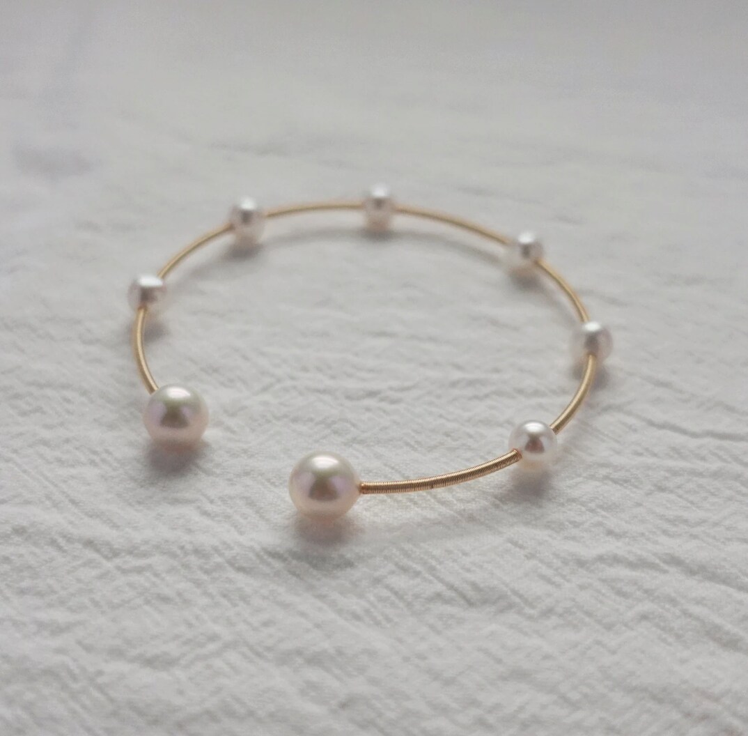 Freshwater Pearl Station Bangle Bracelet | Real Pearl Open Cuff Bracelet | White Pearl Flex Cuff ...