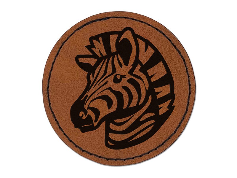 Striped Zebra Head Round Iron-On Engraved Faux Leather Patch Applique ...