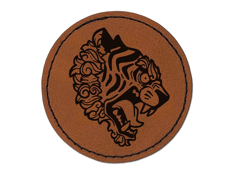 Fierce Tiger Head Profile Round Iron-On Engraved Faux Leather Patch Applique - 2.5" | Michaels