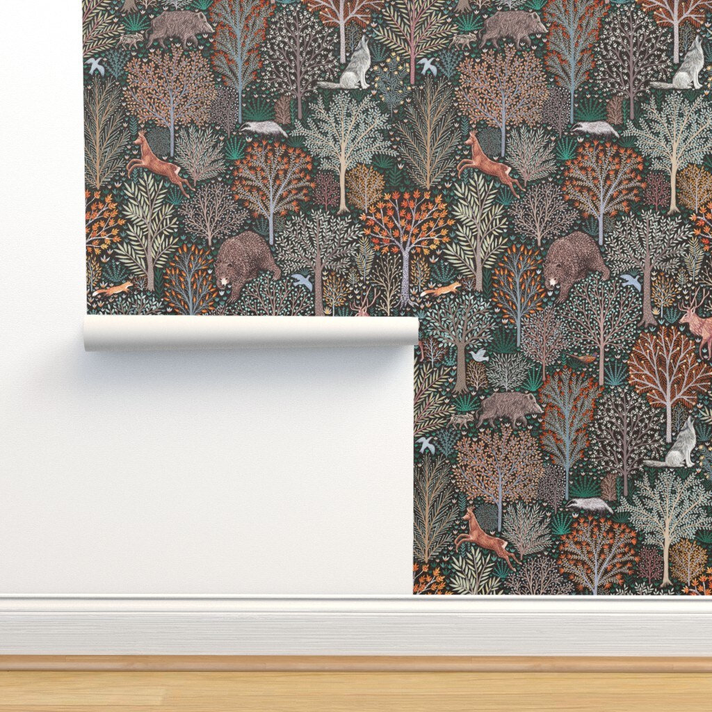 Rustic Woodland Whimsical Forest Animals Deer Wolf Birds Trees Woods ...