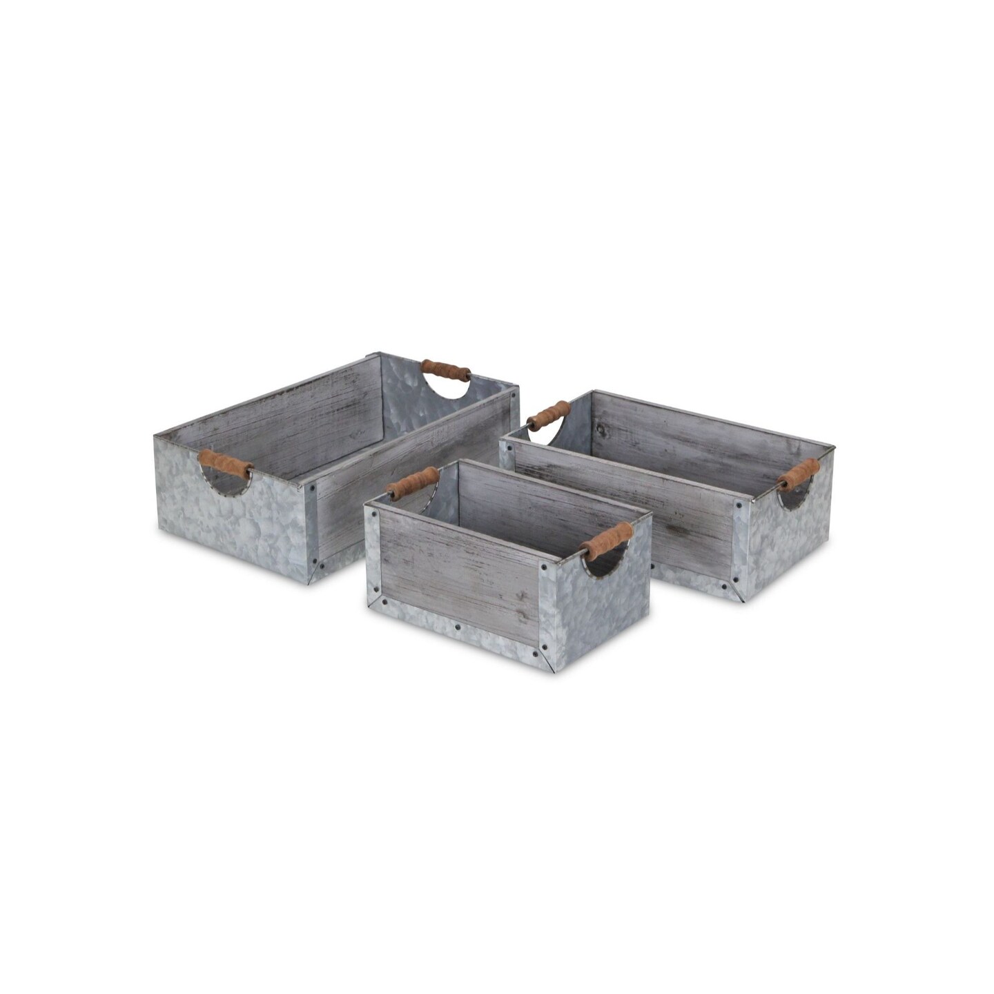 Contemporary Home Living Set of 3 Gray Handmade Storage Crates with Cut ...