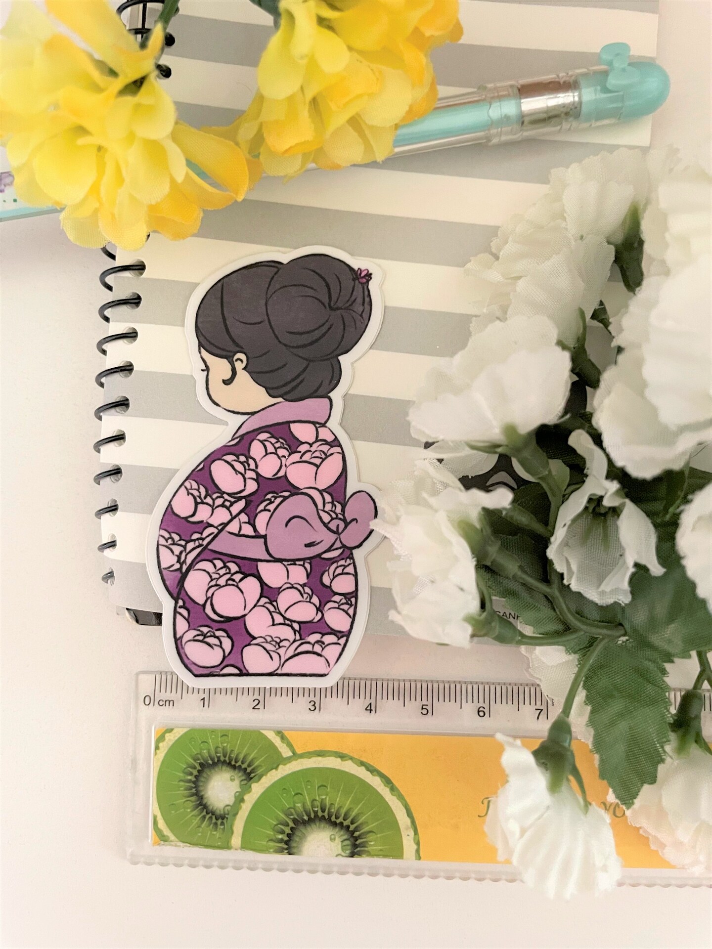 Cute Cartoon Japanese Chibi Anime Kimono Yukata Roses Woman Water ...
