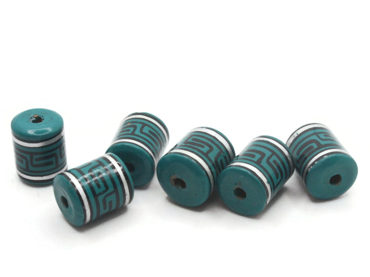 6 16mm Vintage Painted Clay Teal Green Silver and Black Patterned Tube ...