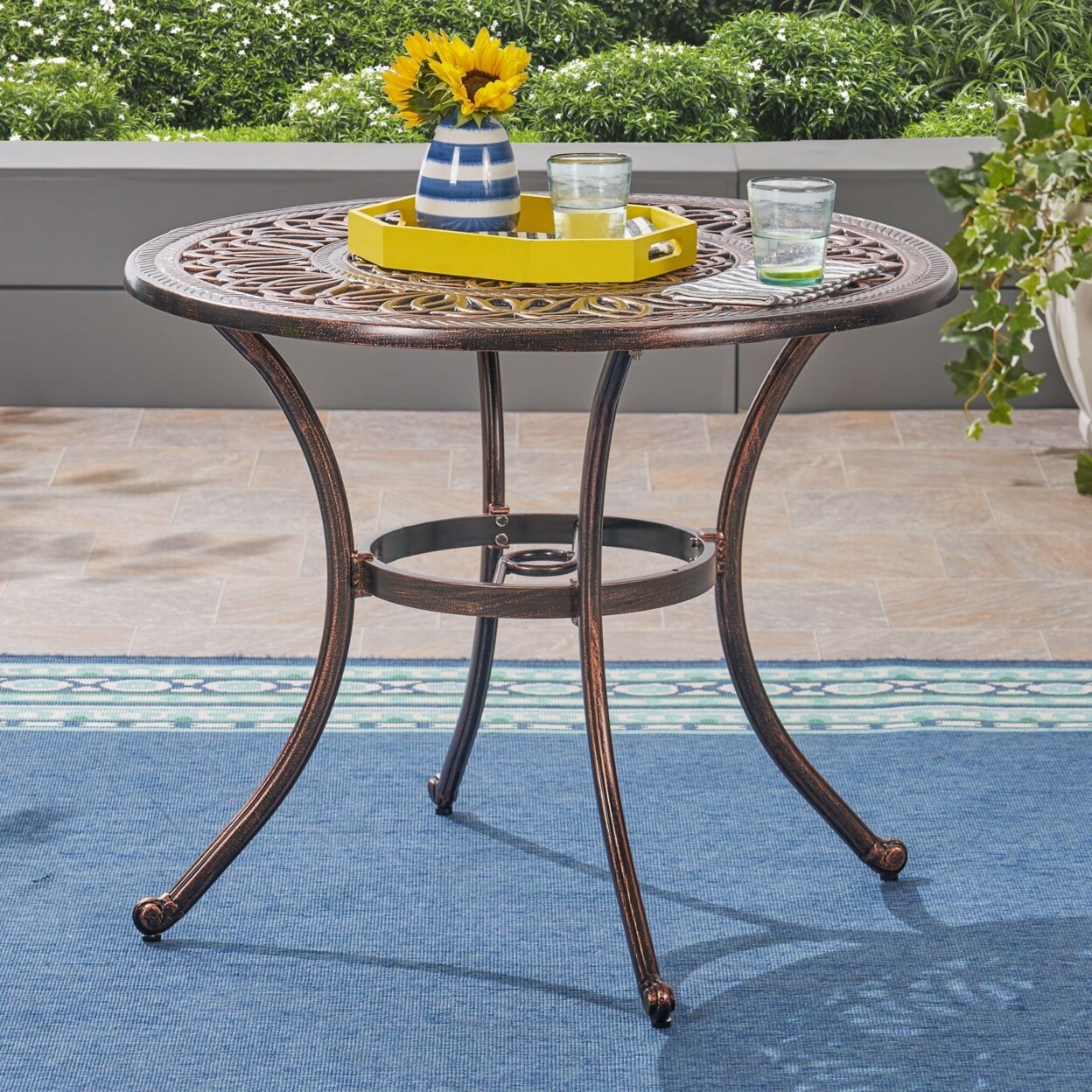GDFStudio Jamie Outdoor Round Cast Aluminum Dining Table Shiny Copper ...