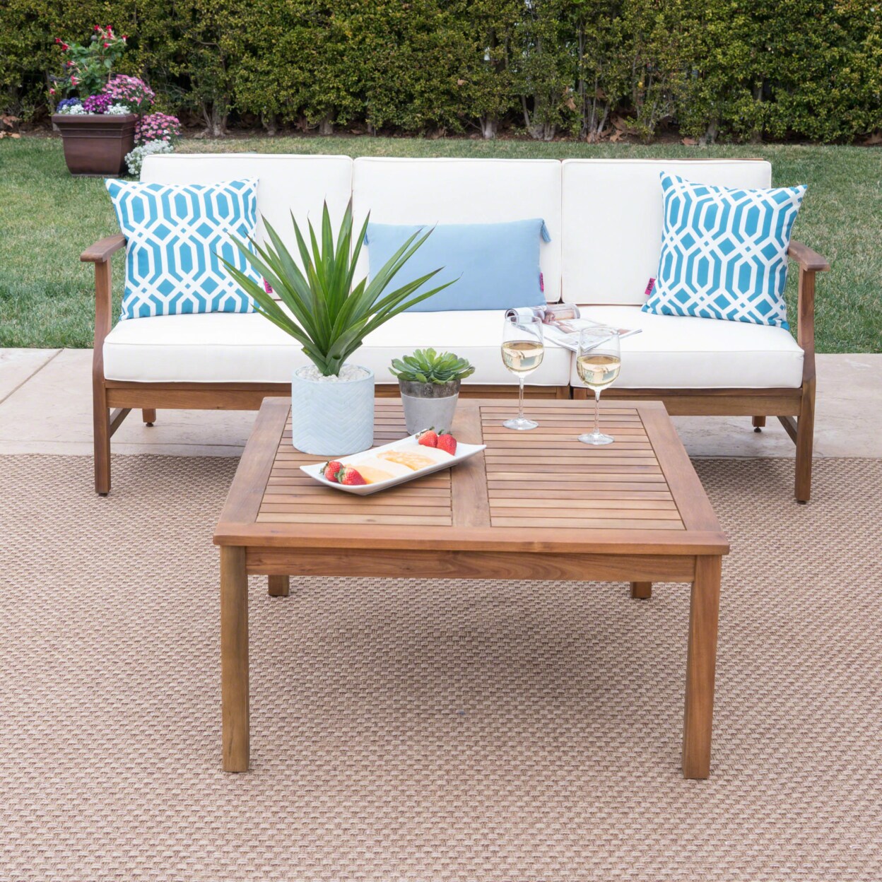 GDFStudio Scarlett Outdoor 3 Seat Teak Finished Acacia Wood Sofa and ...