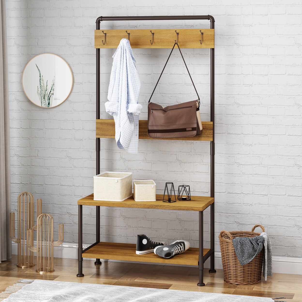 GDFStudio Kay Indoor Industrial Acacia Wood Bench with Shelf and Coat ...
