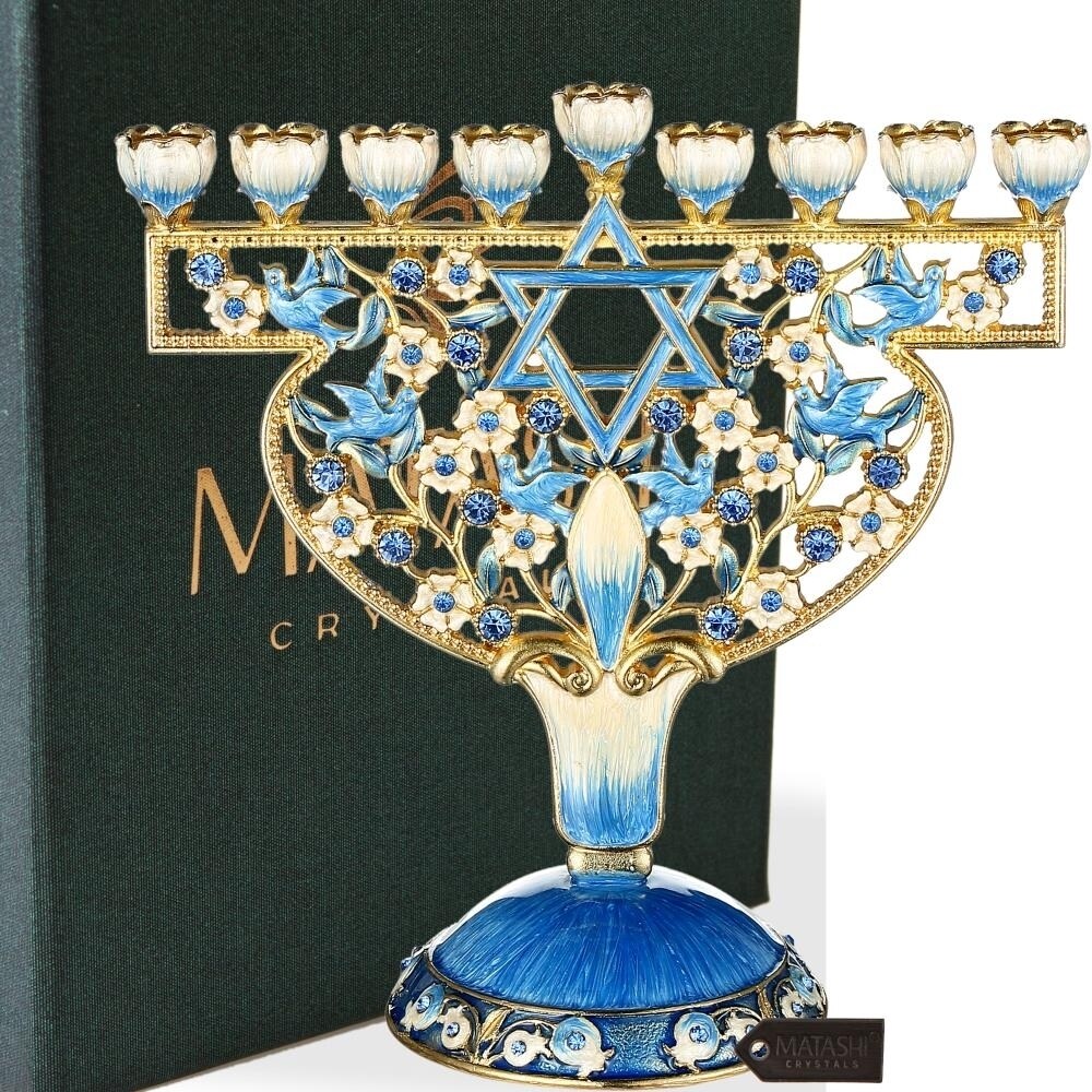 Matashi Hand Painted Enamel Menorah Candelabra With Doves And Flowers ...