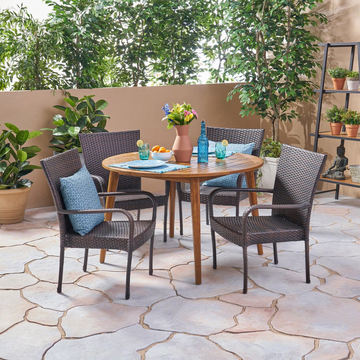 GDFStudio Ivey Outdoor 5 Piece Wood and Wicker Dining Set | Michaels