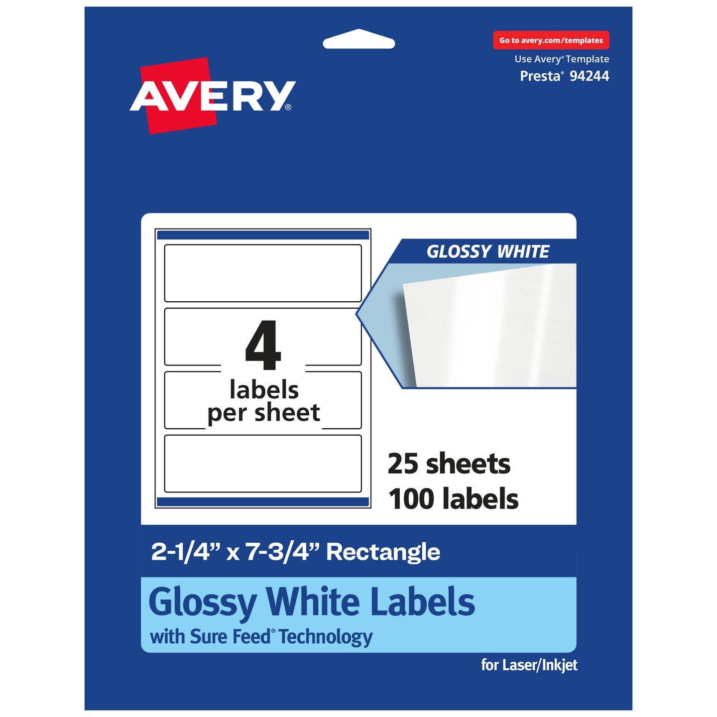 Avery Glossy White Rectangle Labels with Sure Feed, 2.25" x 7.75 ...