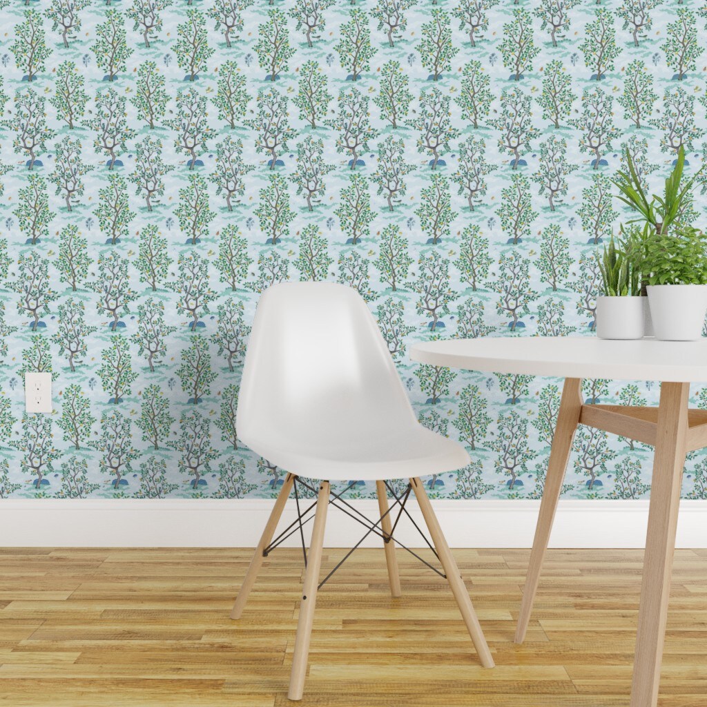 Pre Pasted Wallpaper 2ft Wide Blue Floral Citrus Tree Botanical Toile
