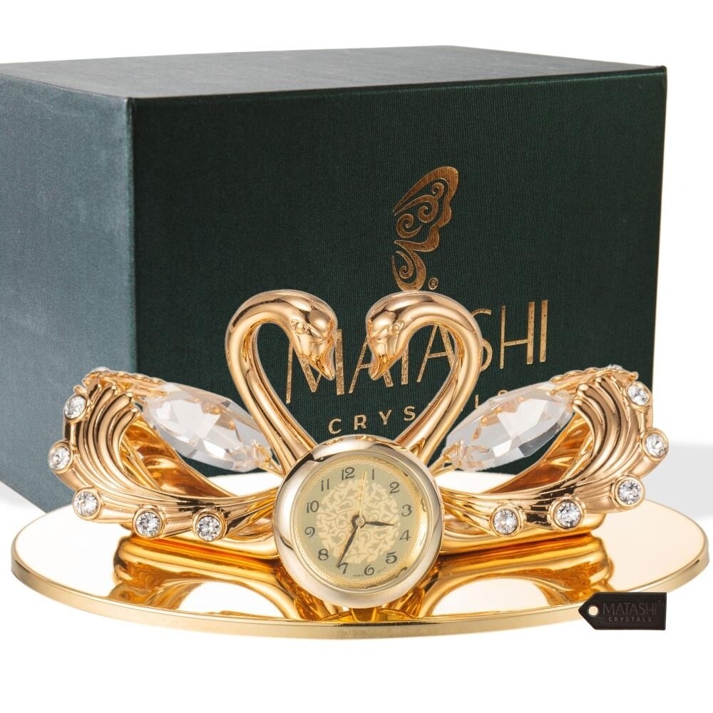 24K Gold Plated Loving Swans Figurine Table-Top Clock Ornament By ...