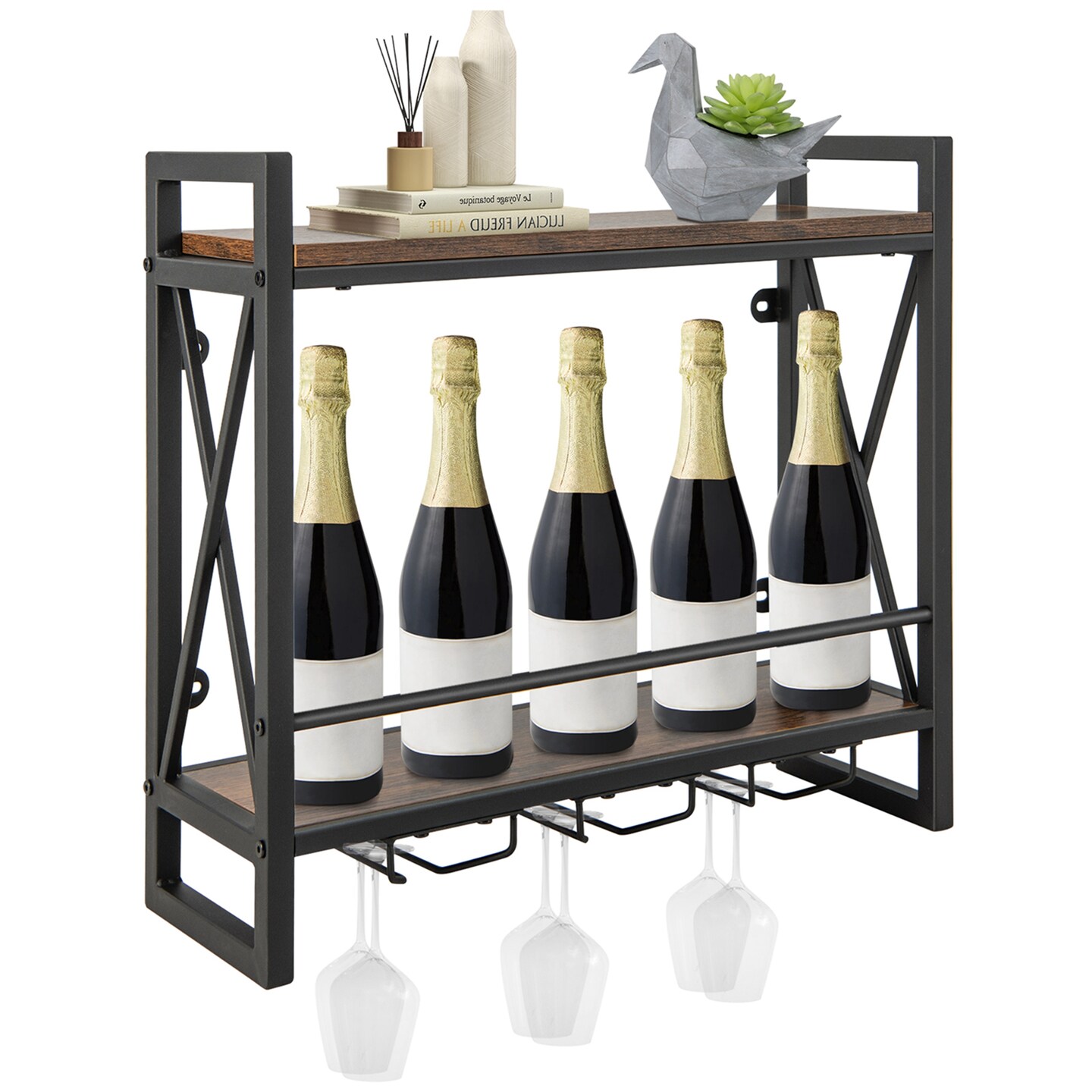 Costway Wall Mounted Wine Rack Industrial 2-Tier Wood Shelf with 3 Stem ...