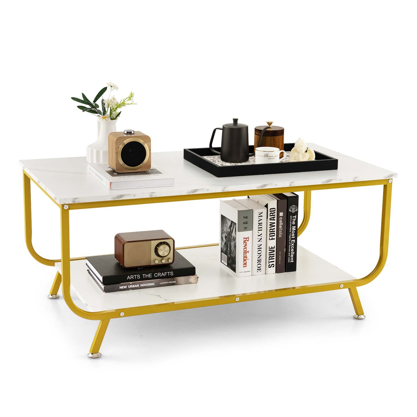Costway Coffee Table 2-Tier Modern Marble Coffee Table with Storage ...