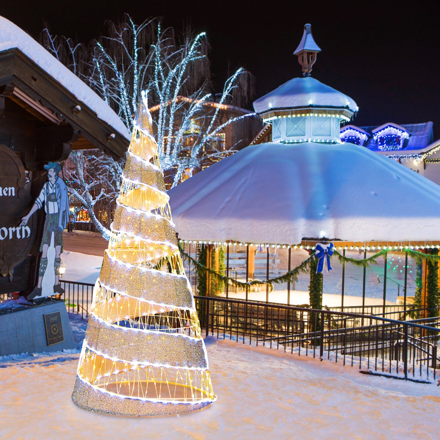 Costway 5FT Pre-lit Christmas Cone Tree with 300 Warm White & 250 Cold ...