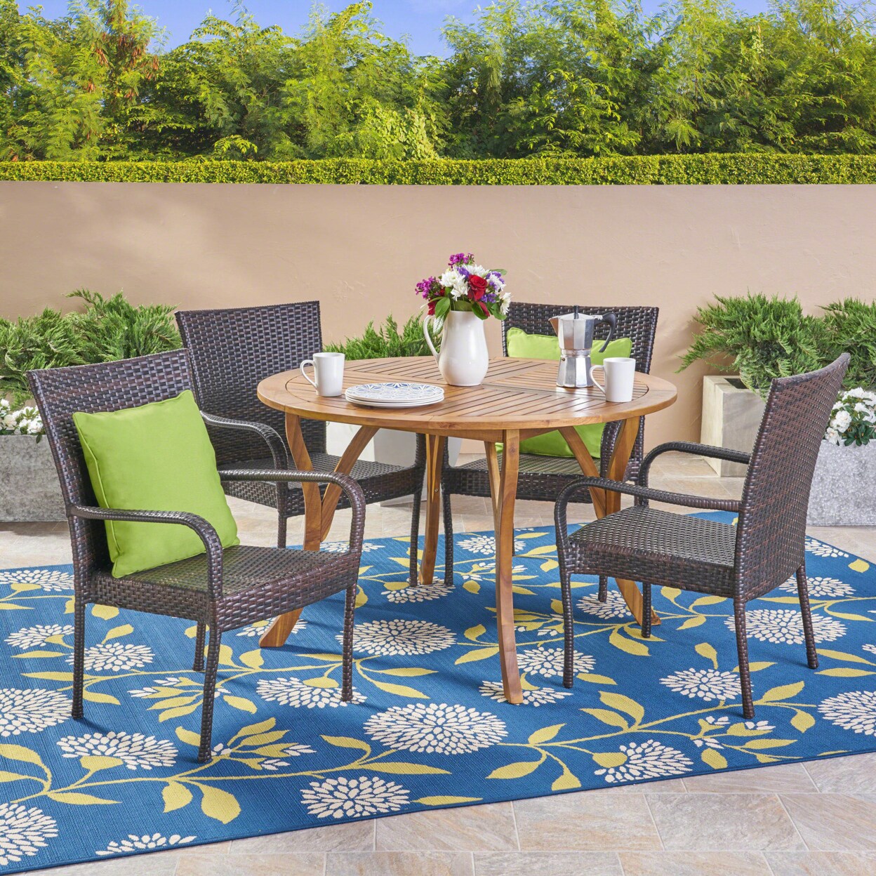 GDFStudio Lance Outdoor 5 Piece Acacia Wood and Wicker Dining Set ...