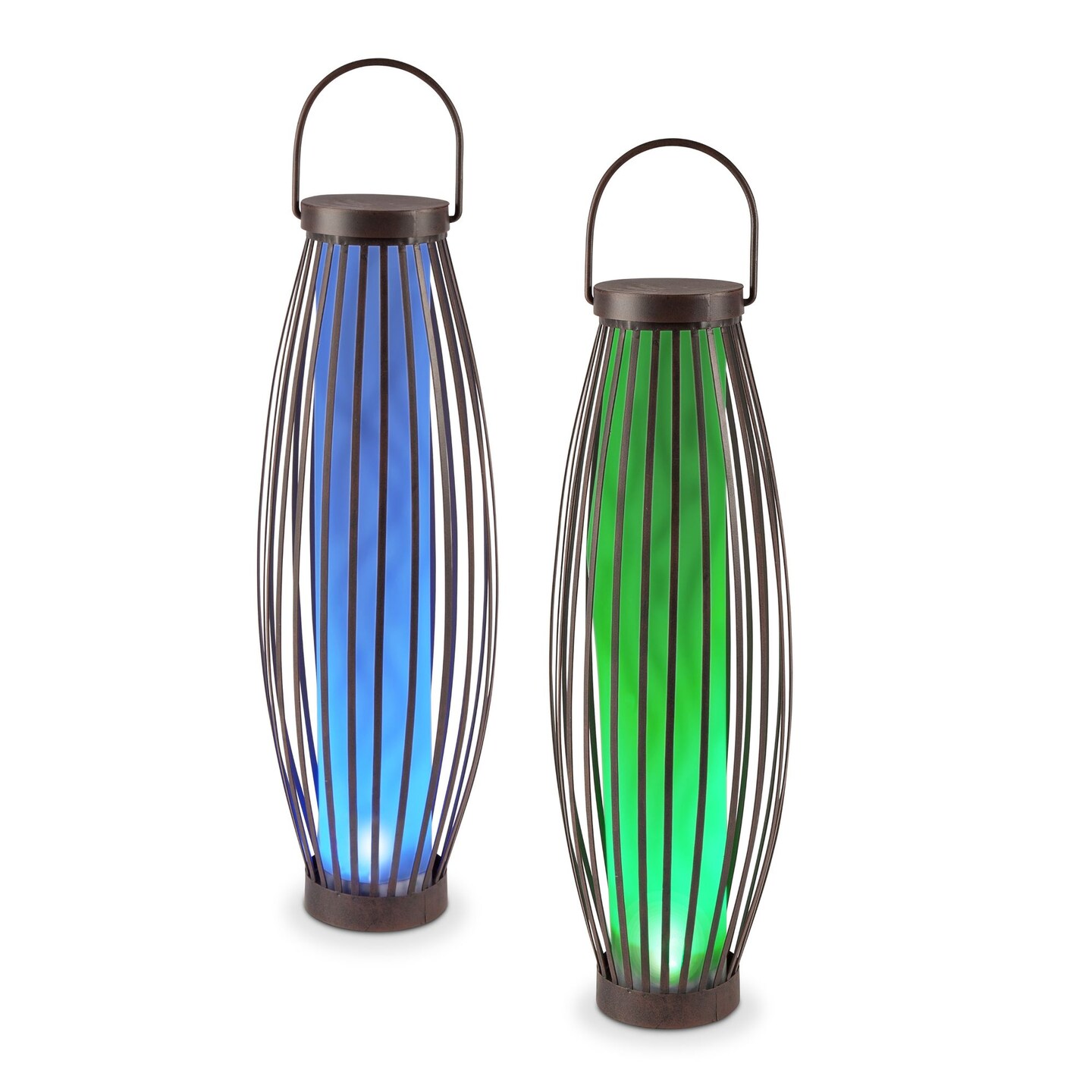 Contemporary Home Living Set of 2 Green and Blue Solar Powered Barrel ...