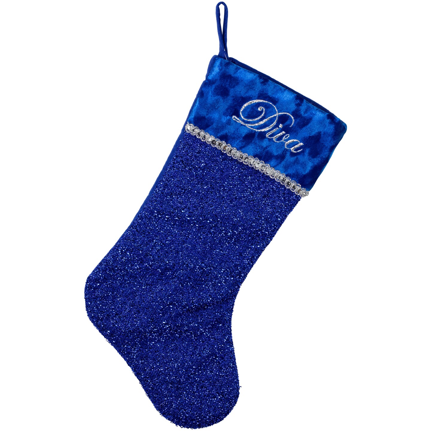 Northlight 17" Blue and Silver Embroidered 'Diva' Christmas Stocking ...