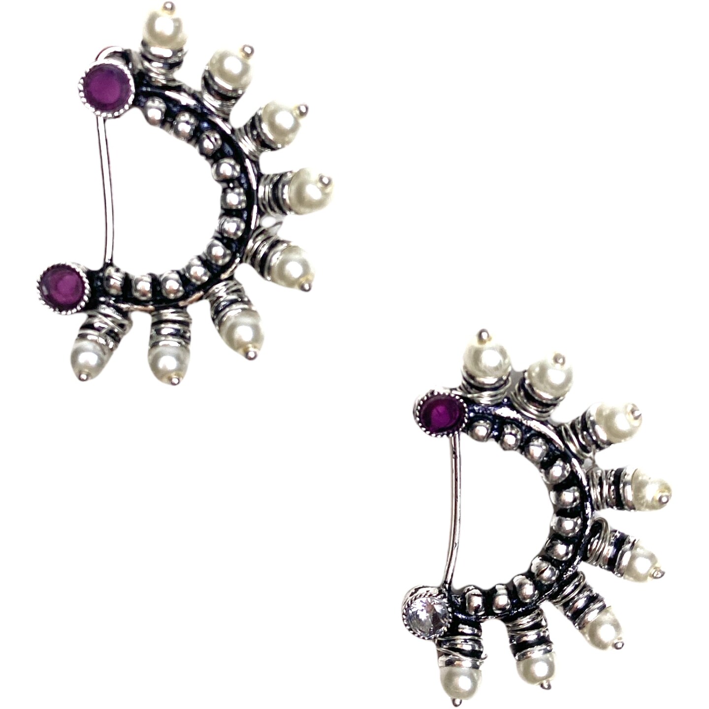 Pearl Marathi Nath Nose Pin Indo Western German Silver Clip on Nath Nosepin Jewelry for Women Indian Snap on Nose Ring Jewelry Gift Non Piercing