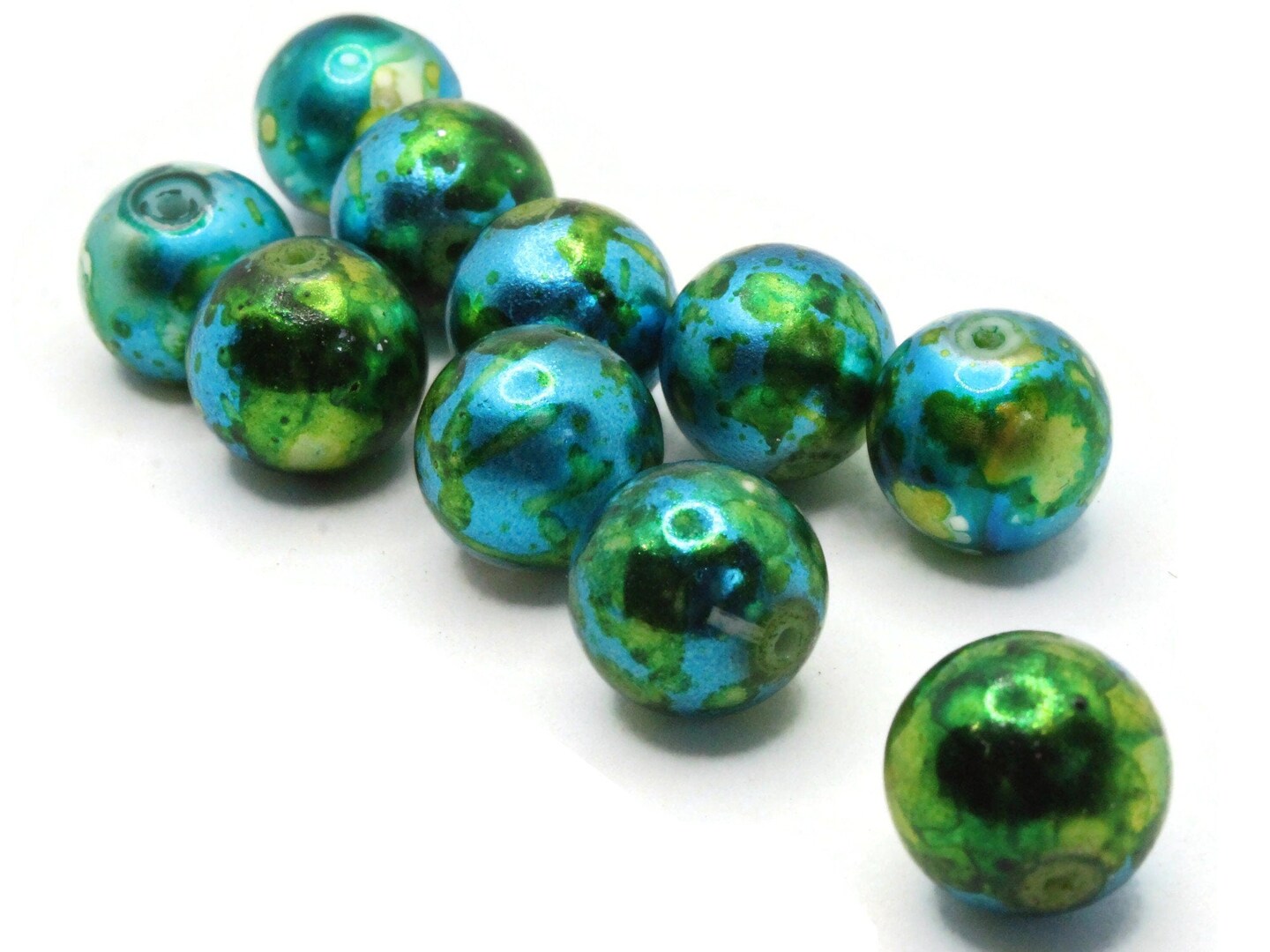 10 14mm Blue and Green Metallic Splatter Paint Smooth Round Glass Beads ...