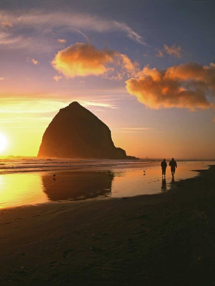OR, Cannon Beach Couple by Haystack Rock, sunset by Steve Terrill ...