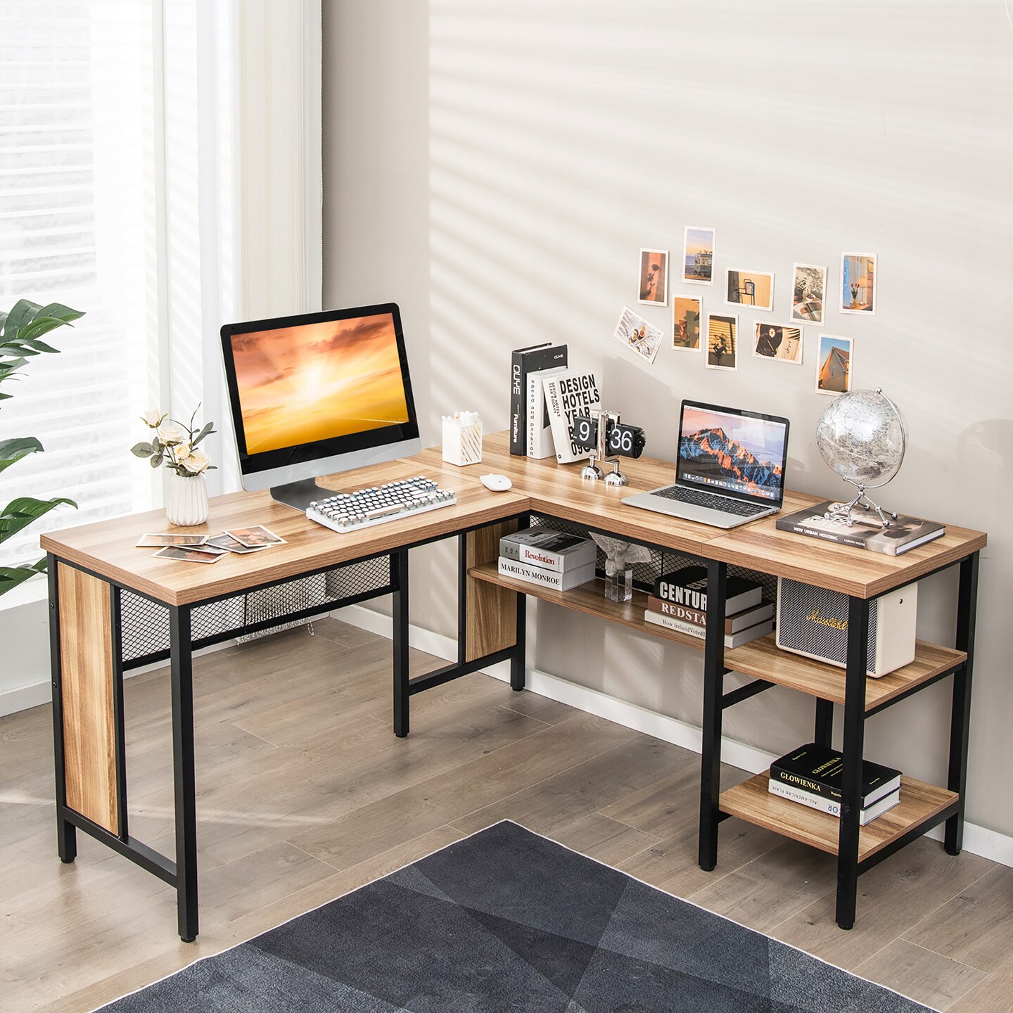 Costway Industrial L-Shaped Corner Computer Desk Office Workstation w ...