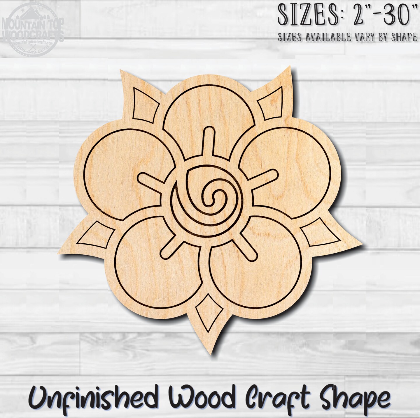 Flower Detailed 7 Unfinished Wood Shape Blank Laser Engraved Cutout ...