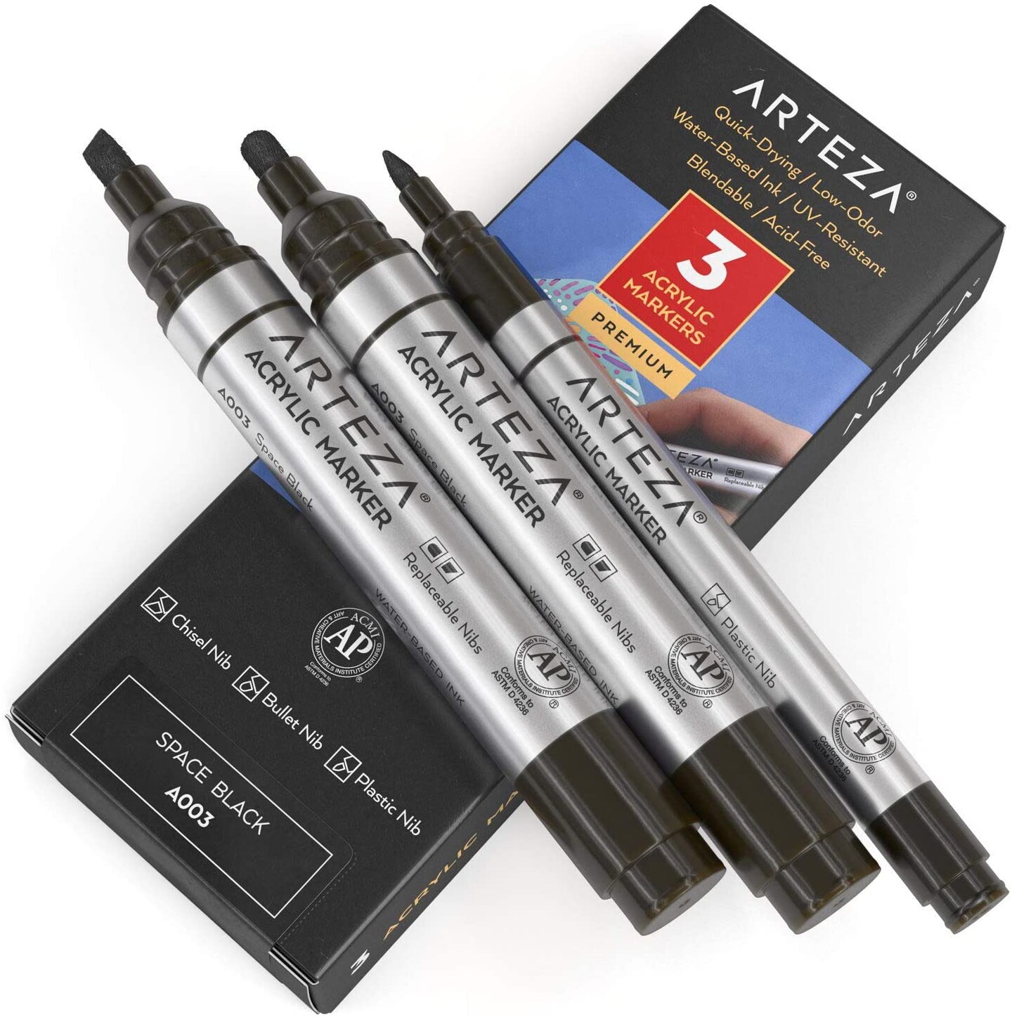 Arteza 3 Pack Acrylic Markers, A003 Space Black, Big Barrel and Small ...