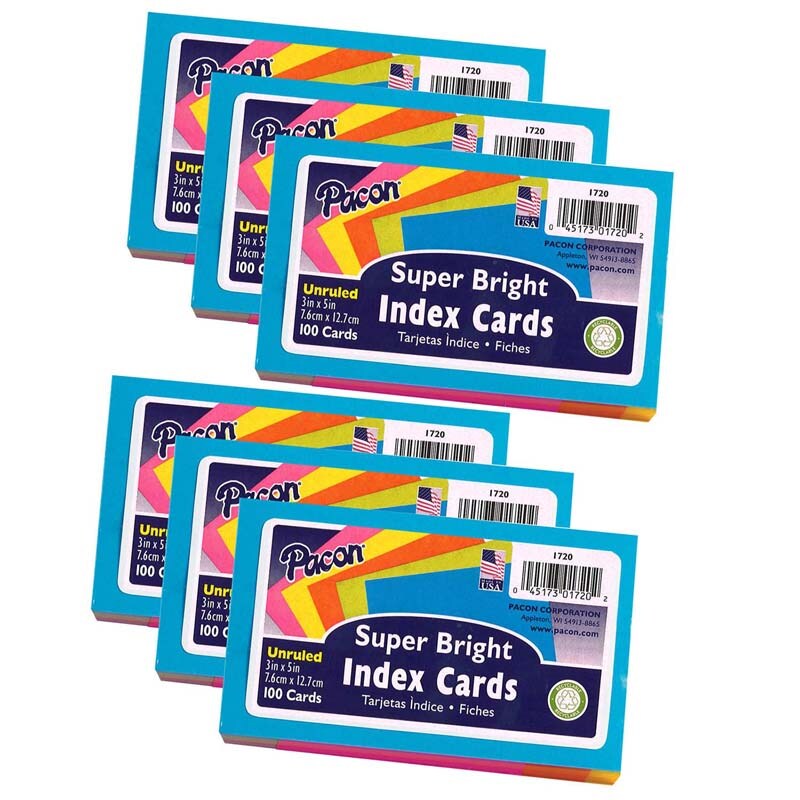 Index Cards, 5 Super Bright Assorted Colors, Unruled, 3" x 5", 100 ...